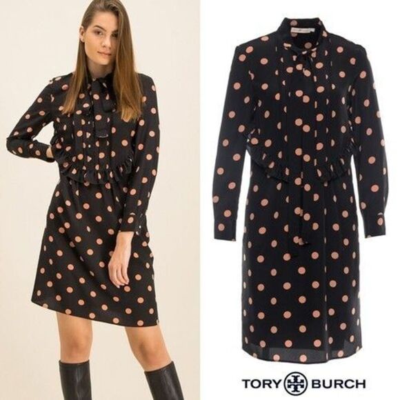 Tory Burch | Dresses | Tory Burch Tie Neck Ruffled Polka Dot Silk Crepe ...